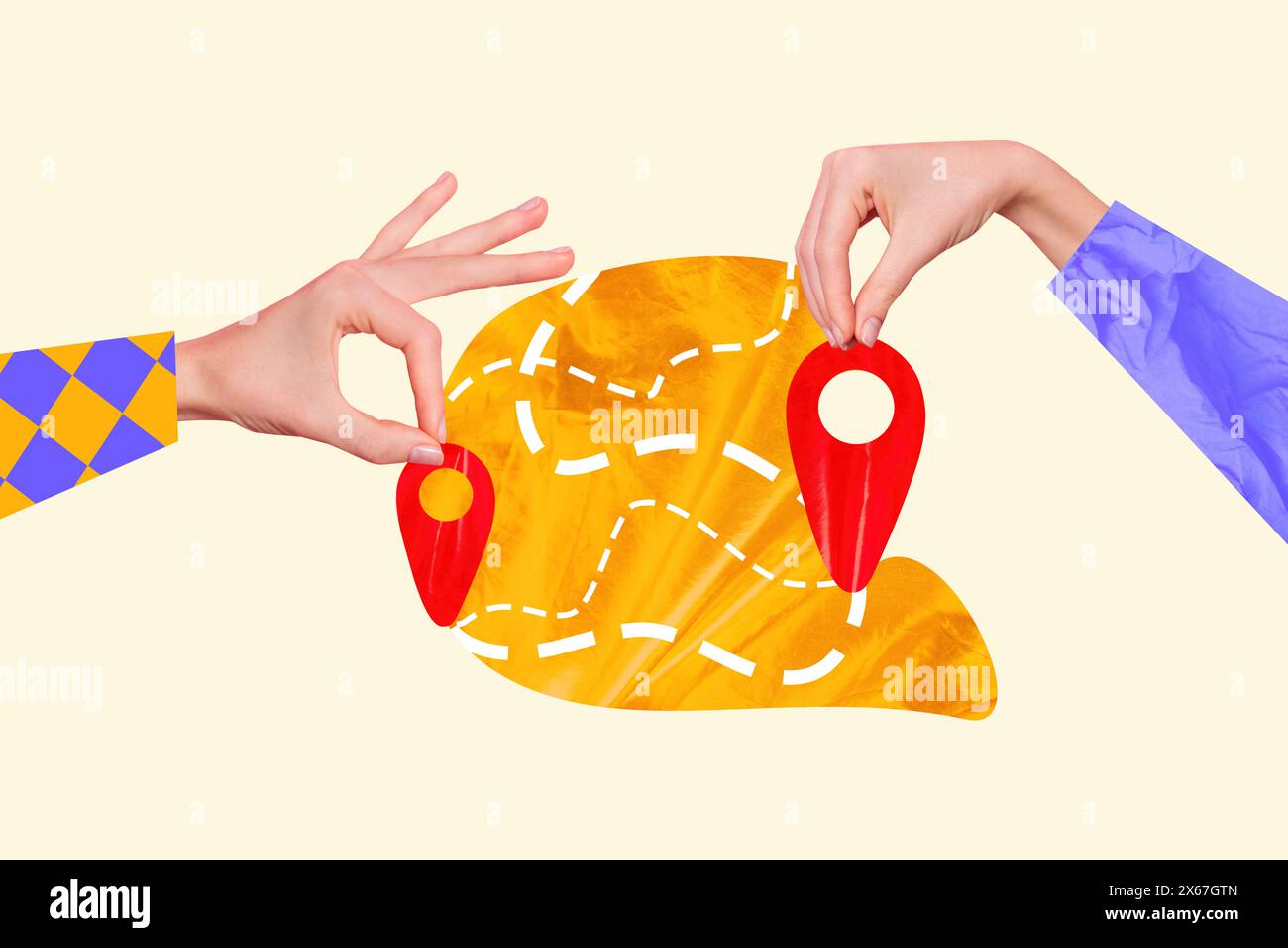 Collage image artwork of people choosing place to travel map route way ...