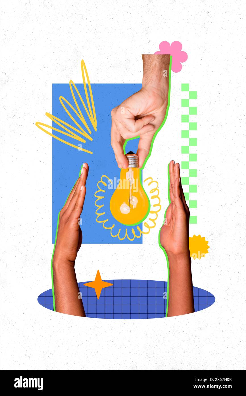 Vertical photo collage of white human hands hold light bulb idea ...