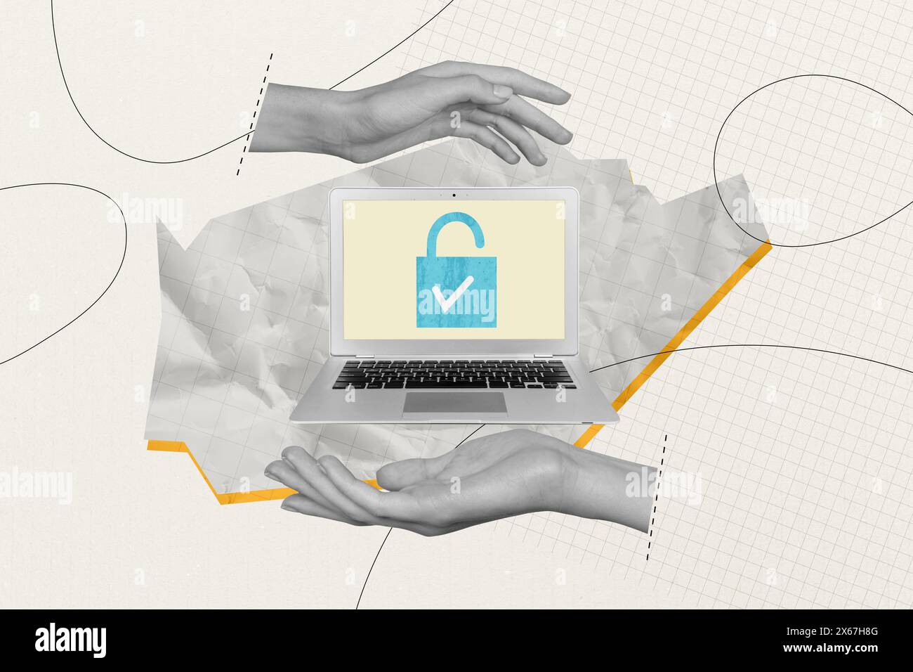 Composite photo collage of hand show unlock macbook device hacker ...