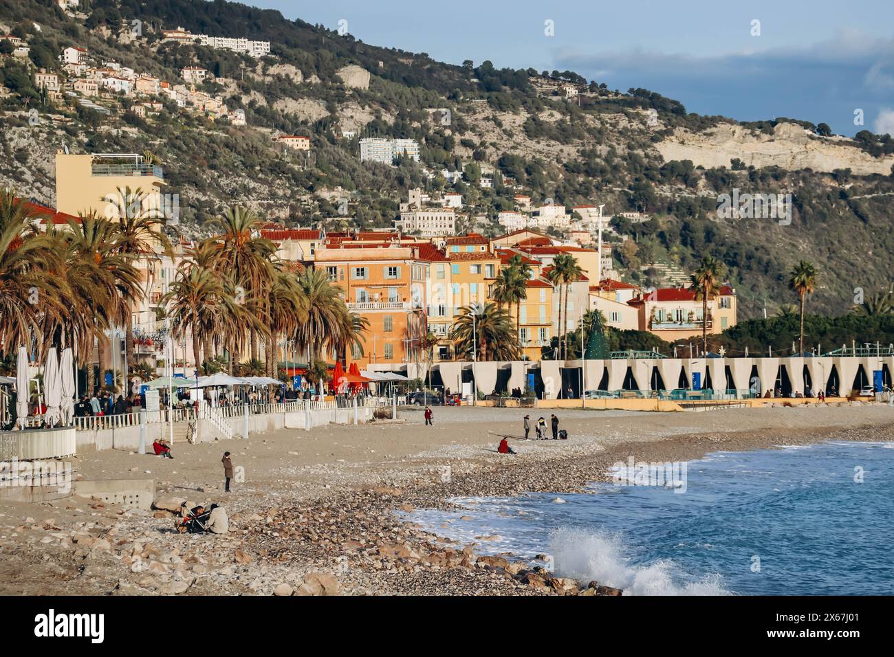 Menton, France - 6 January, 2024: Evening view of the city of Menton ...