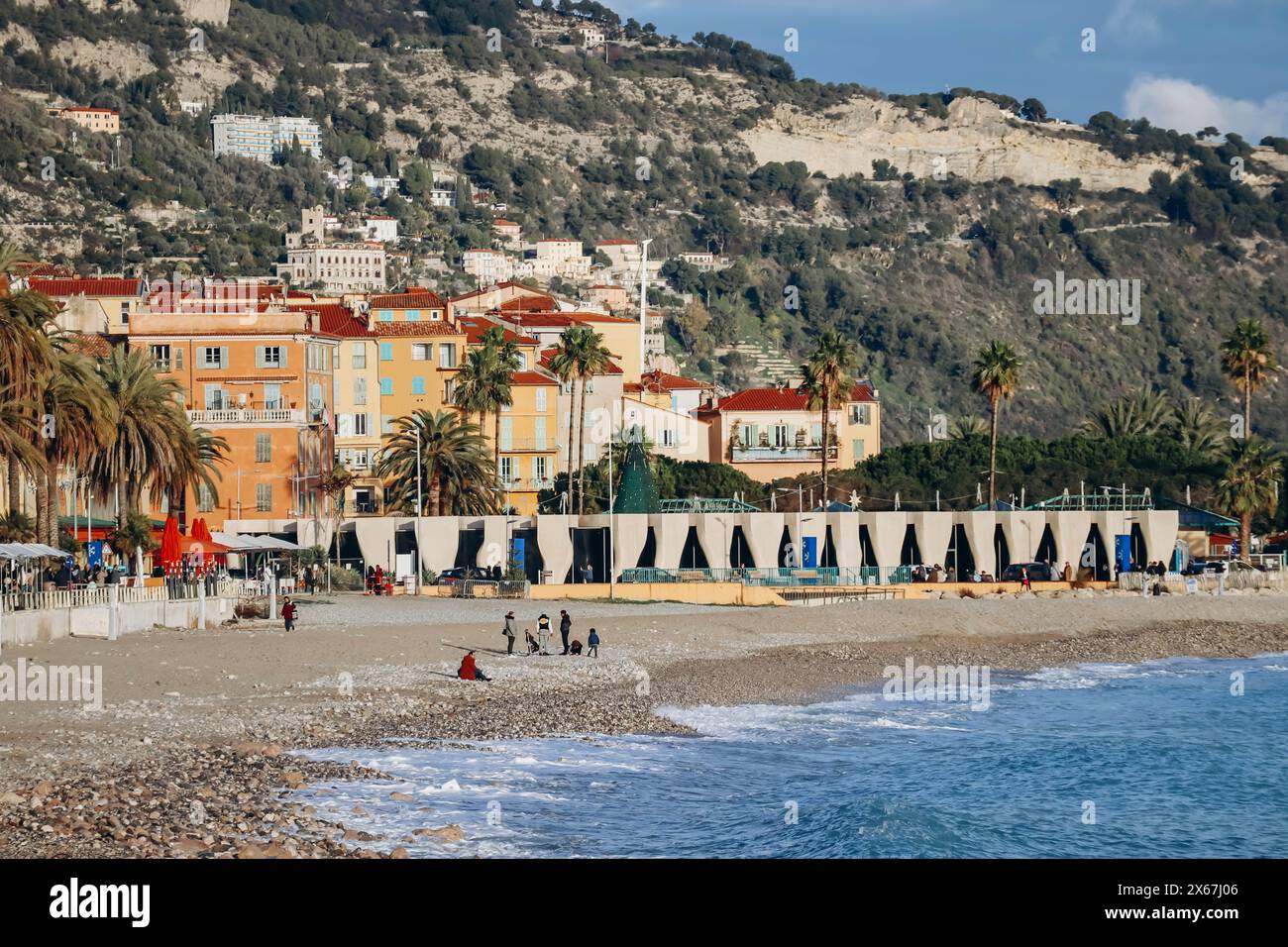 Menton, France - 6 January, 2024: Evening view of the city of Menton ...