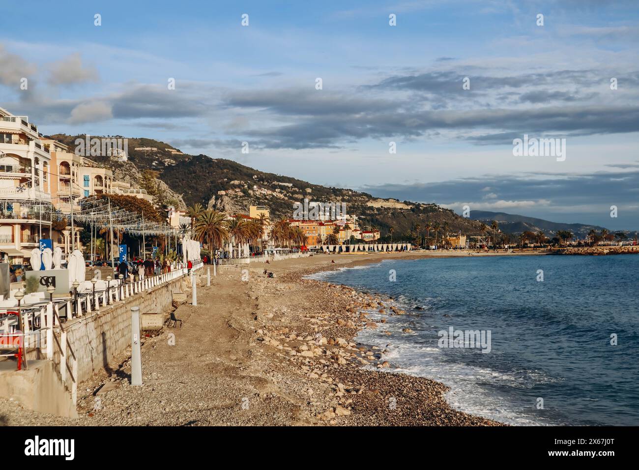 Menton, France - 6 January, 2024: Evening view of the city of Menton ...