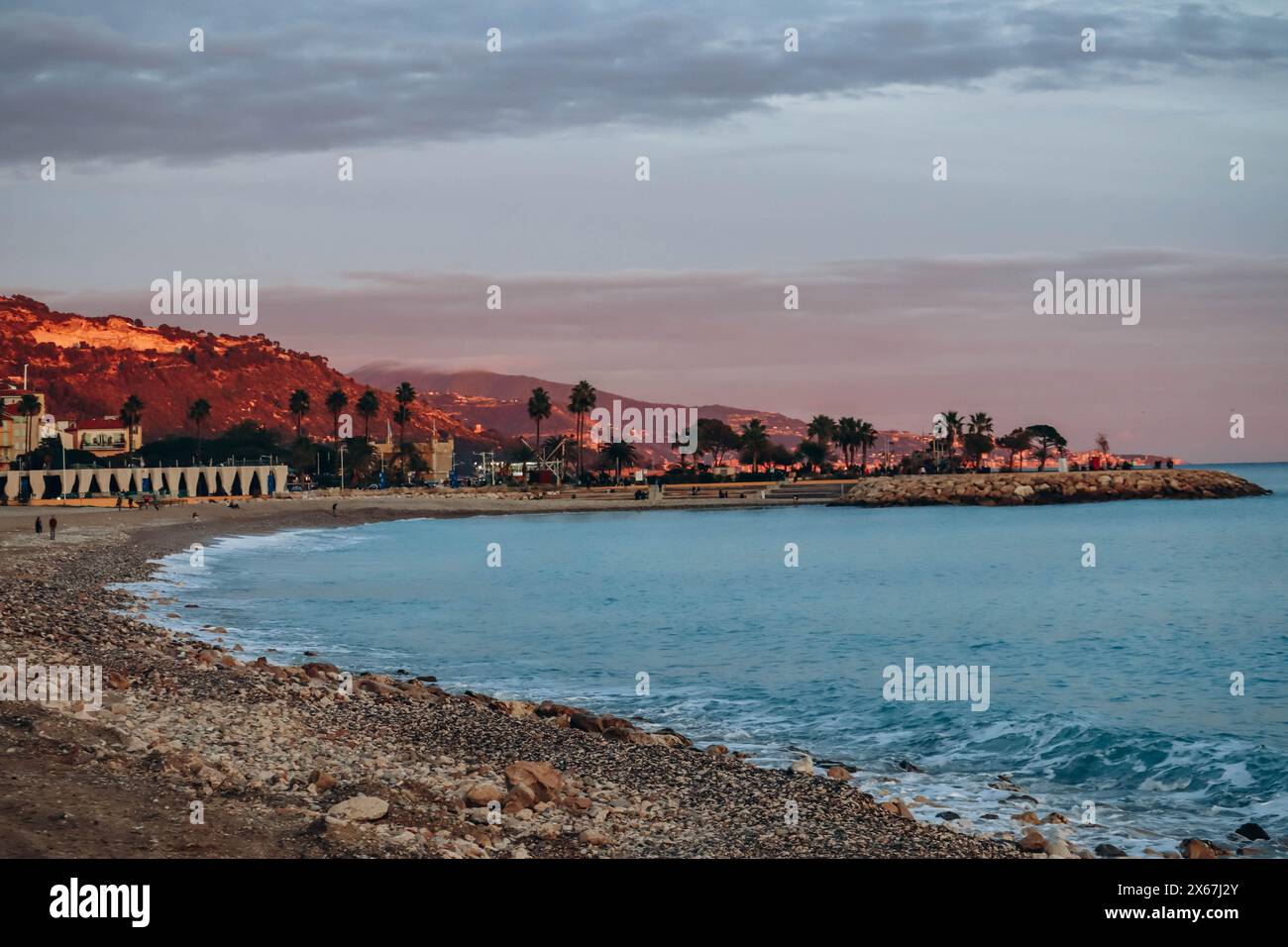 Menton, France - 6 January, 2024: Evening view of the city of Menton ...
