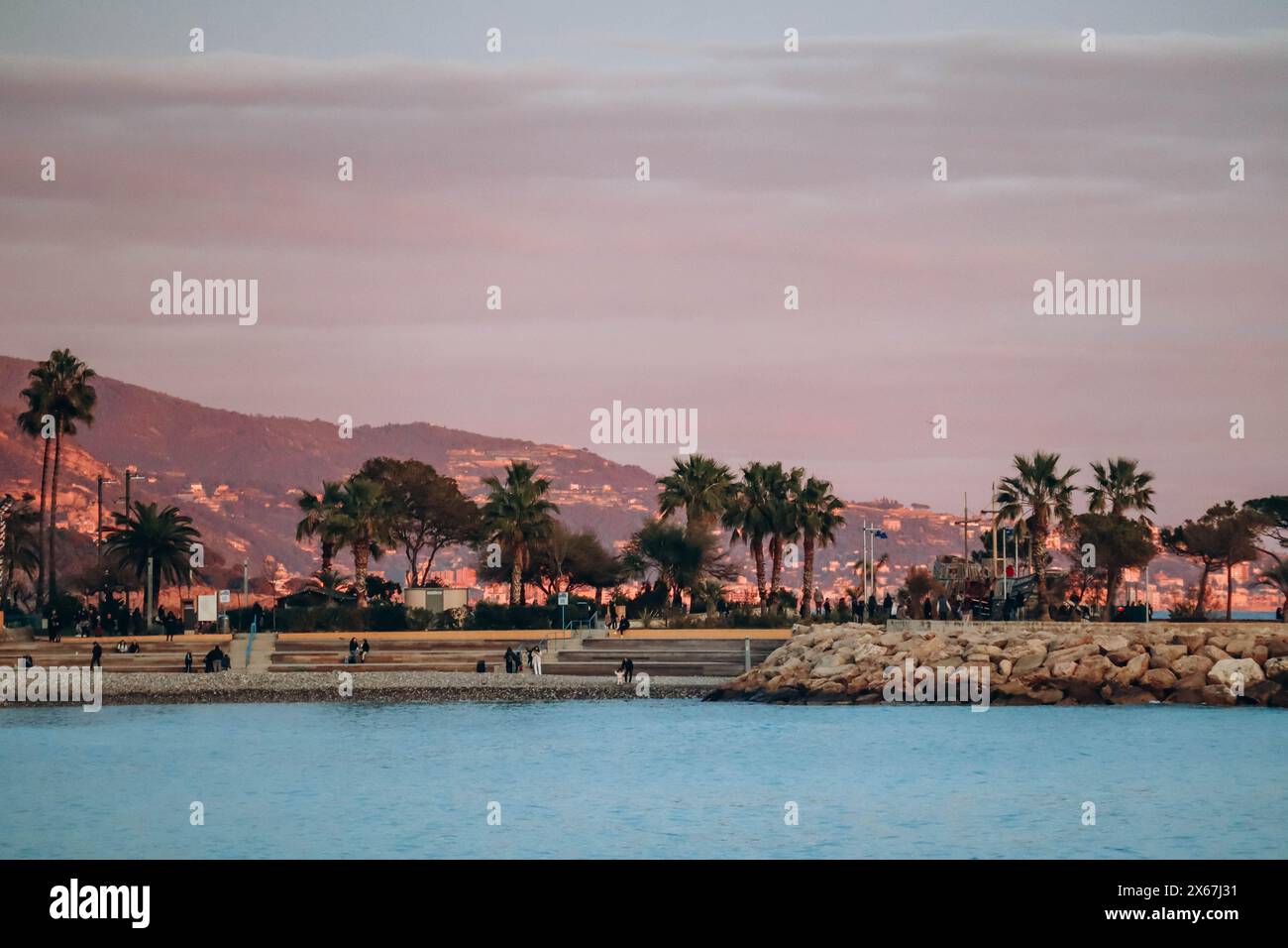 Menton, France - 6 January, 2024: Evening view of the city of Menton ...