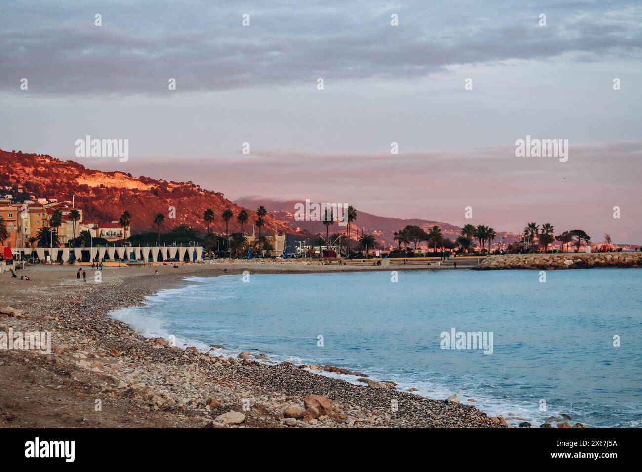 Menton, France - 6 January, 2024: Evening view of the city of Menton ...