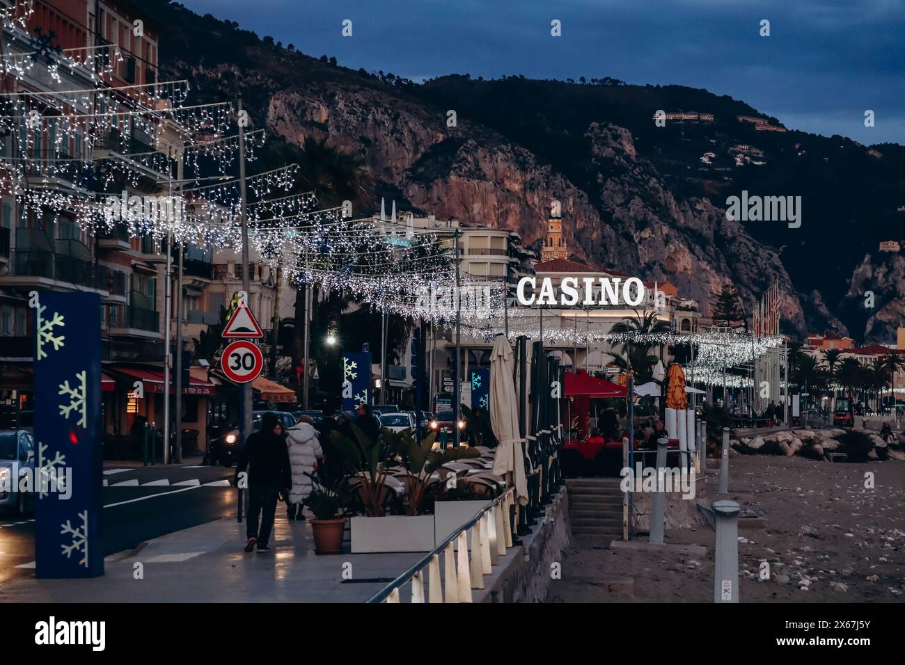 Menton, France - 6 January, 2024: Evening view of the city of Menton ...