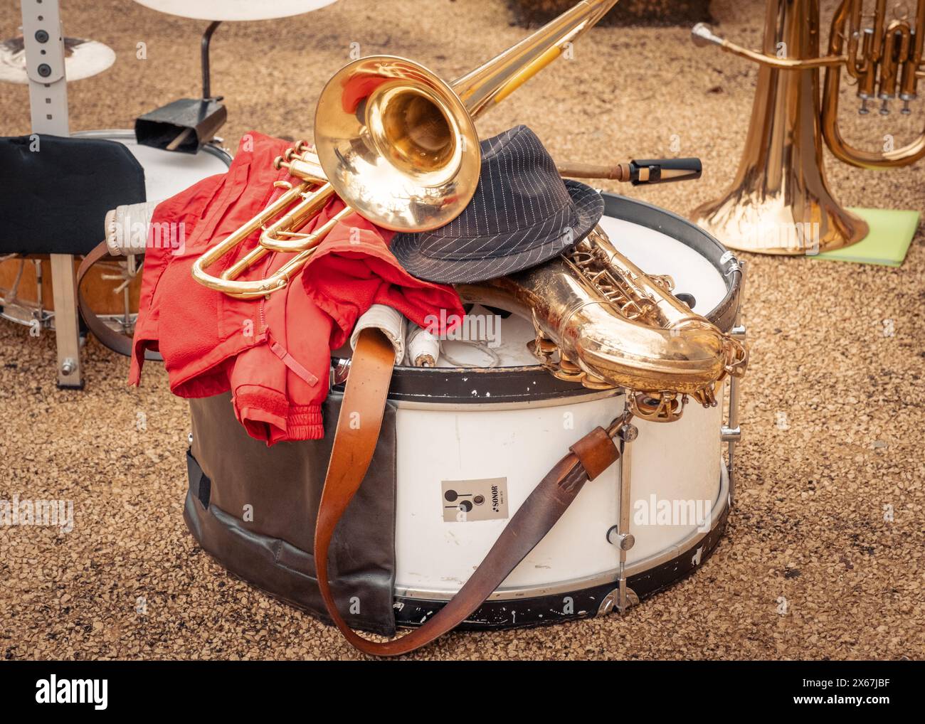 Nabirat, Nouvelle-Aquitaine, France - 12th May 2024: Band equipment and ...