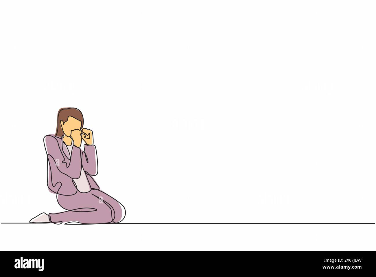 Single continuous line drawing happy businesswoman kneeling with ...