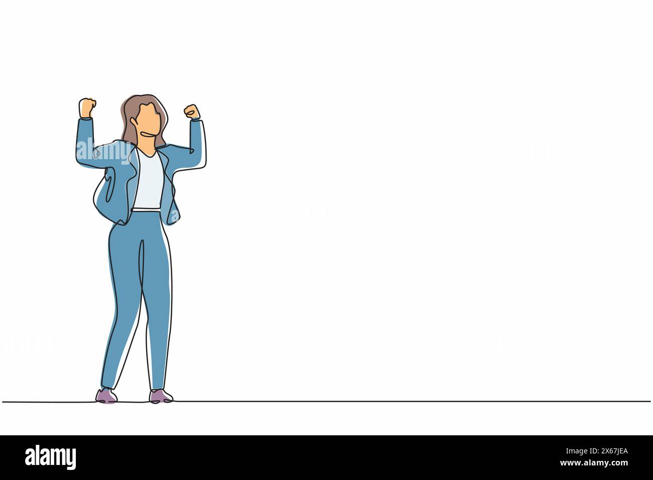 Continuous one line drawing happy businesswoman standing with raised ...