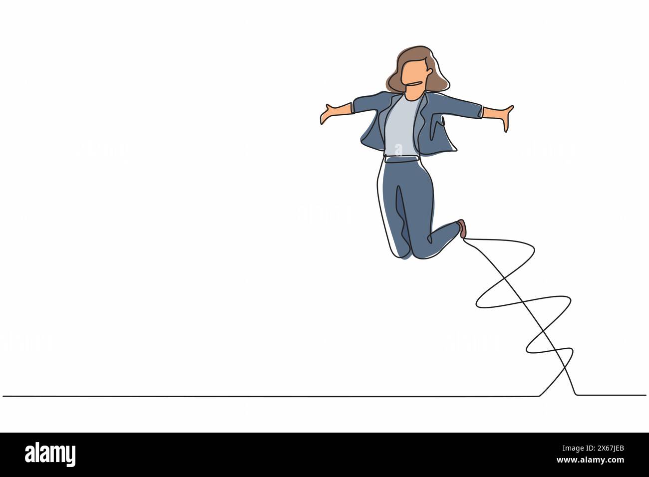 Single one line drawing happy businesswoman jump with raised his legs ...