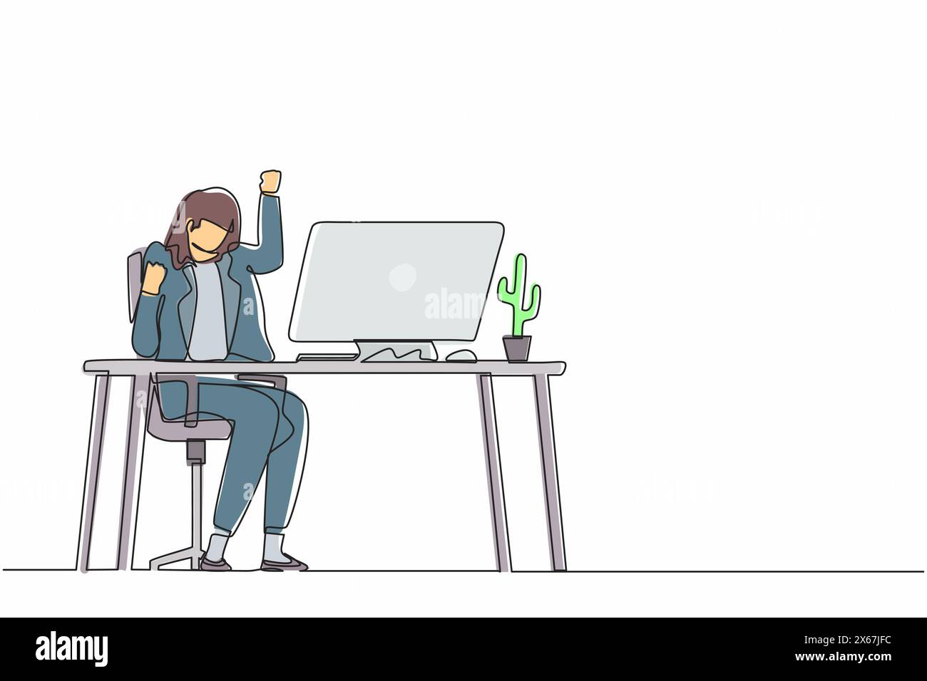 Single one line drawing happy businesswoman sitting on workplace with ...