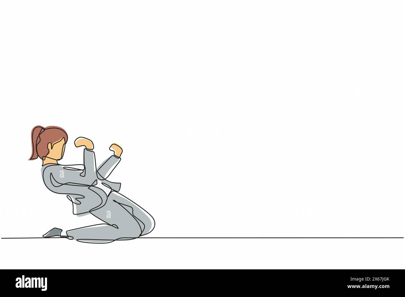 Single one line drawing happy businesswoman kneeling with celebrating ...