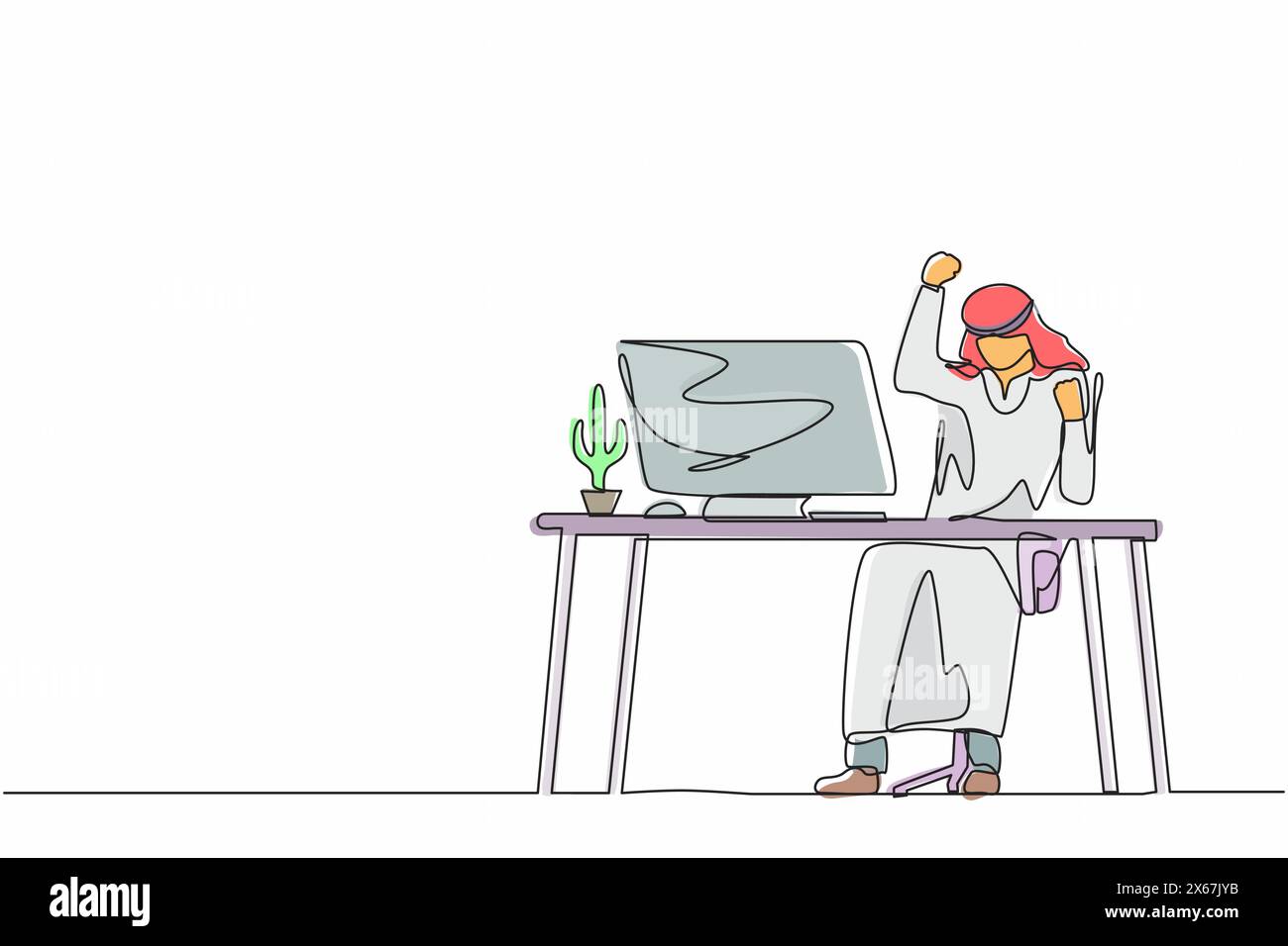 Single one line drawing happy Arab businessman sitting on workplace ...