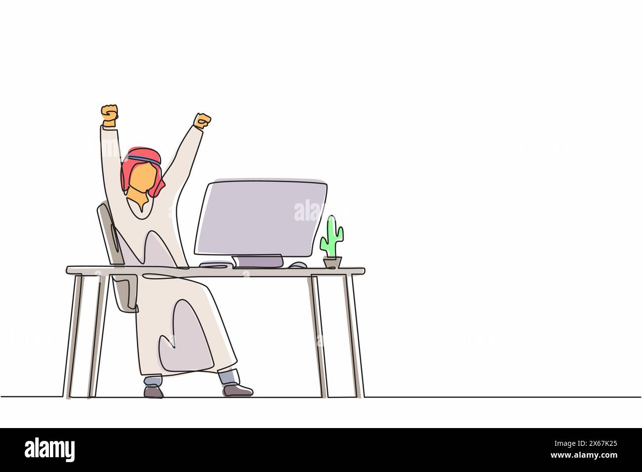 Single one line drawing happy Arab businessman sitting with raised ...