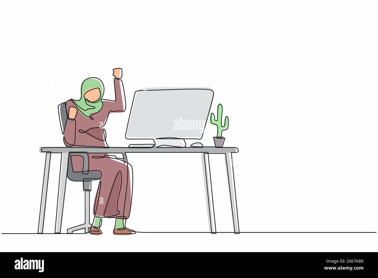 Continuous one line drawing happy Arab businesswoman sitting on ...