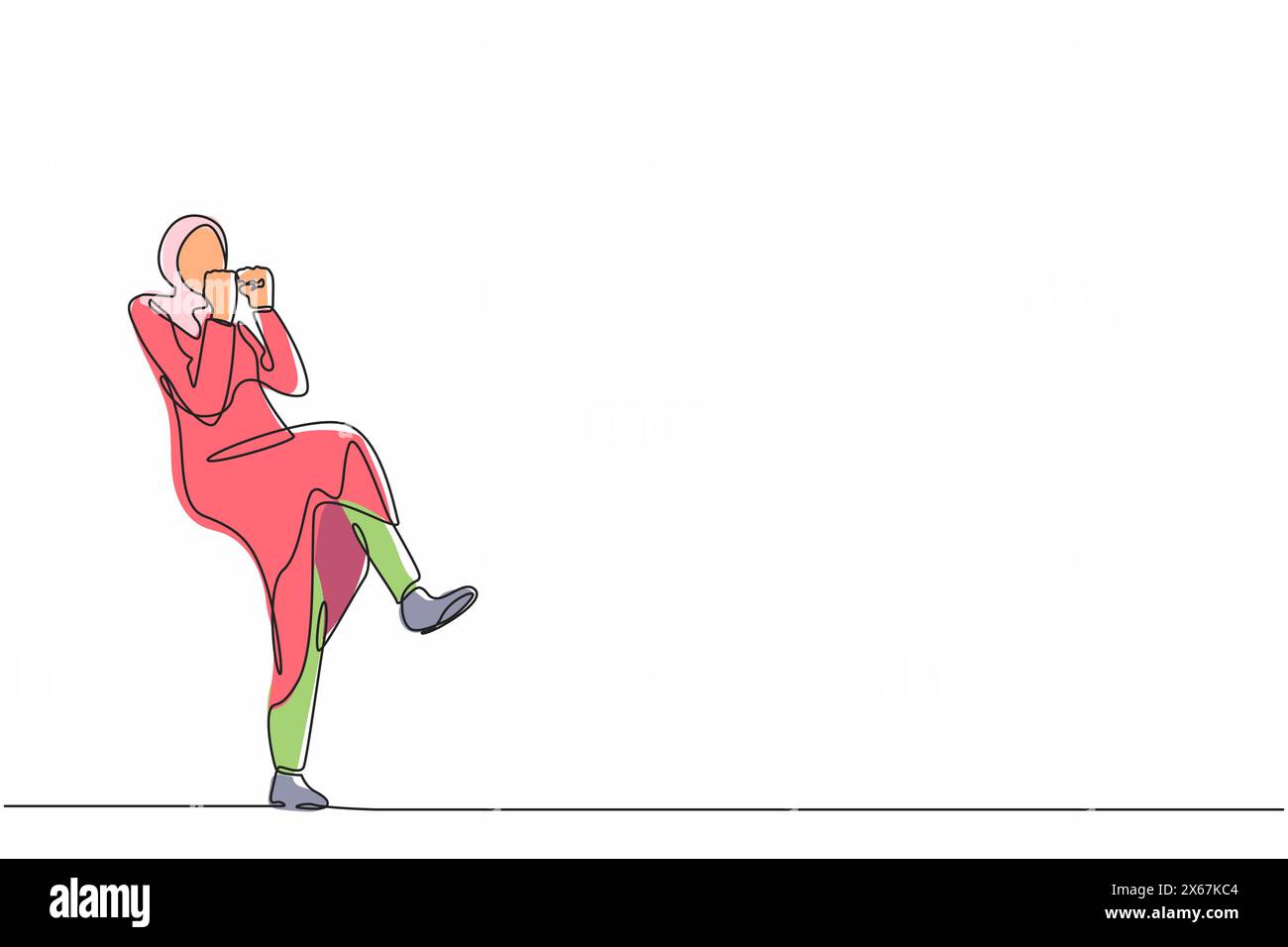 Continuous one line drawing happy Arab businesswoman standing with fold ...