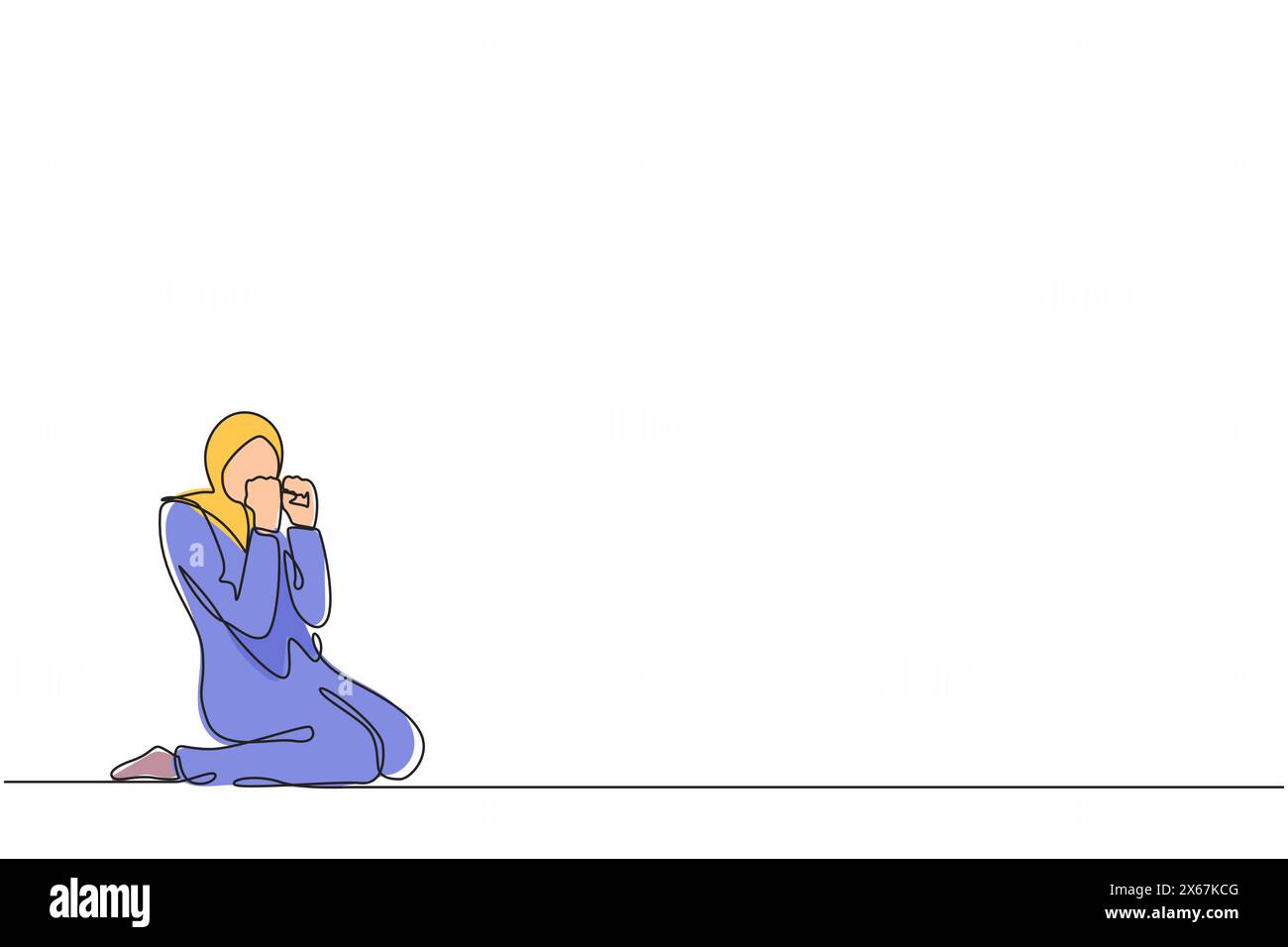 Single continuous line drawing happy Arab businesswoman kneeling with ...