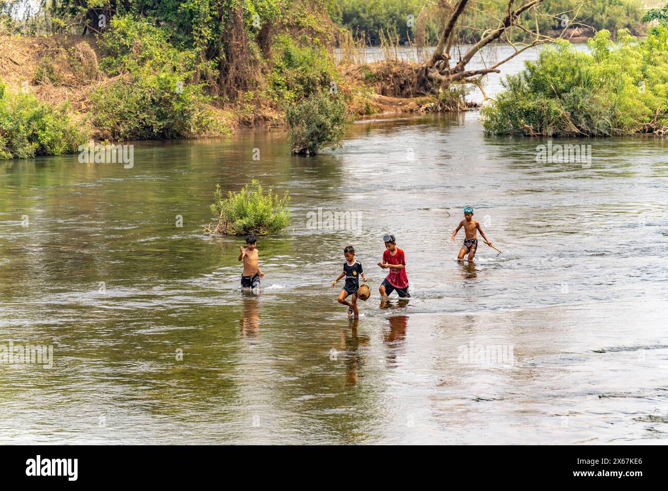 Children fishing in the Mekong near Don Det Island, Si Phan Don ...