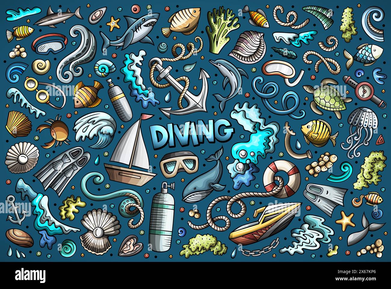 Colorful vector hand drawn doodle cartoon set of Diving theme items ...