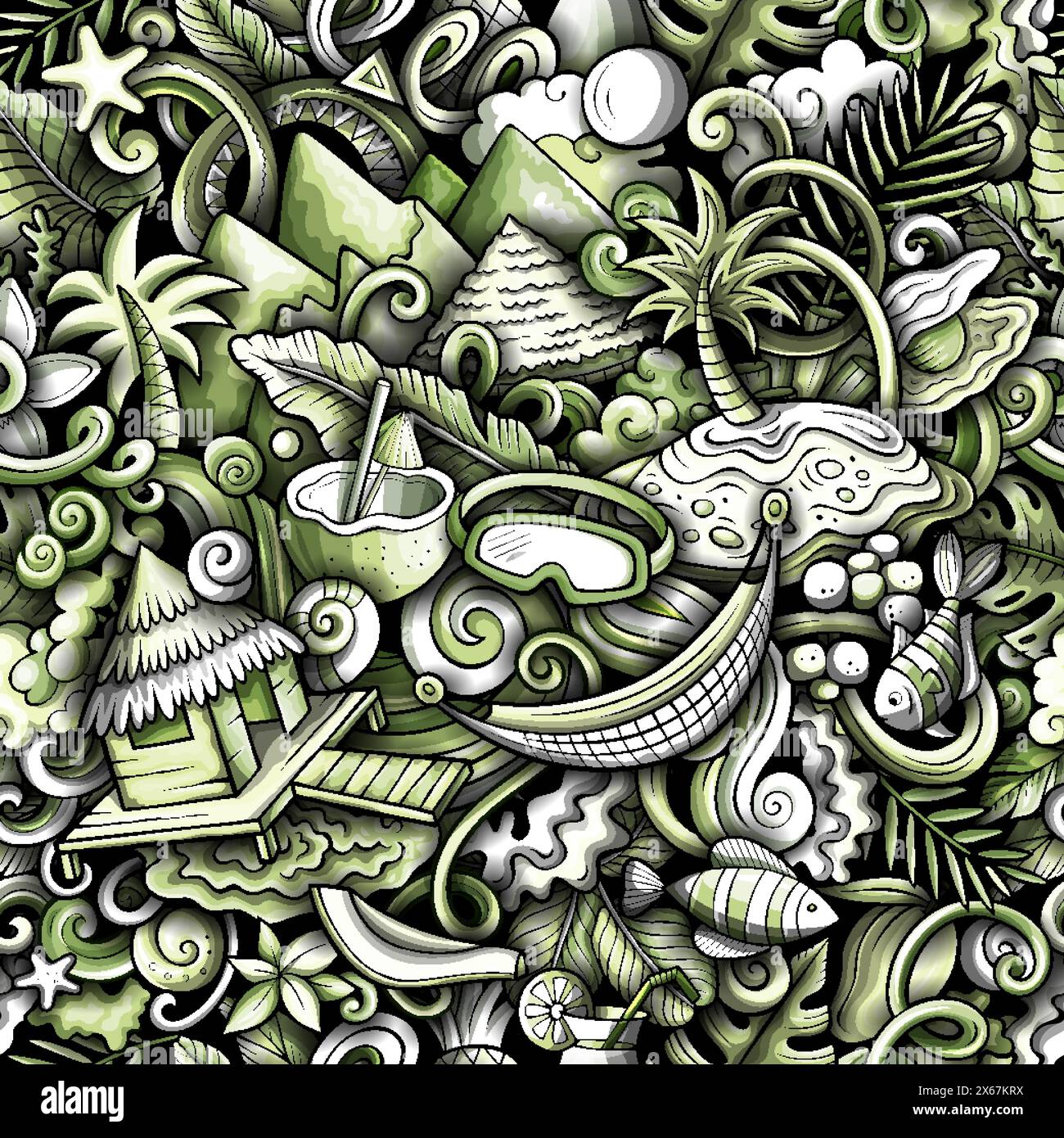 Cartoon doodles Bora-Bora island seamless pattern Stock Vector Image ...