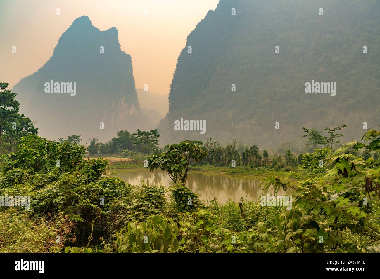Karst mountains in the landscape of Vang Vieng, Laos, Asia Stock Photo ...