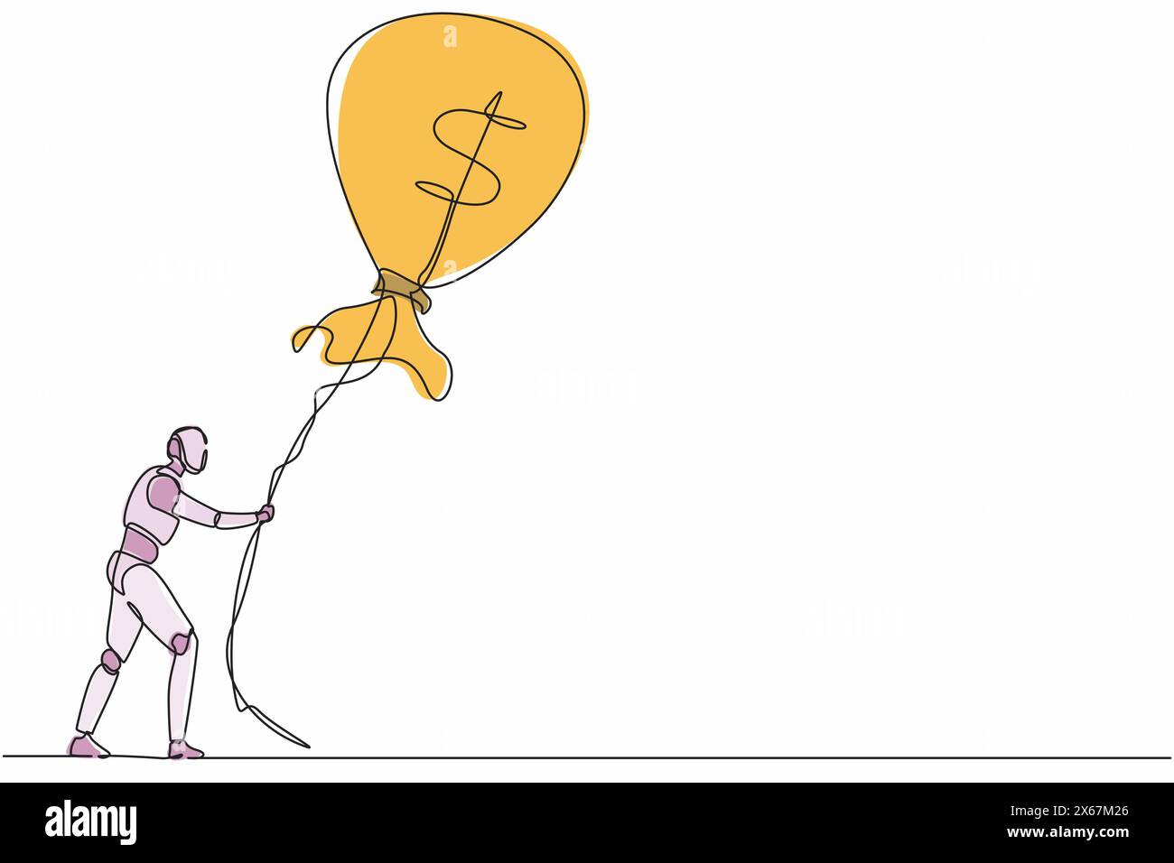 Continuous one line drawing robots holding flying money bag dollar ...