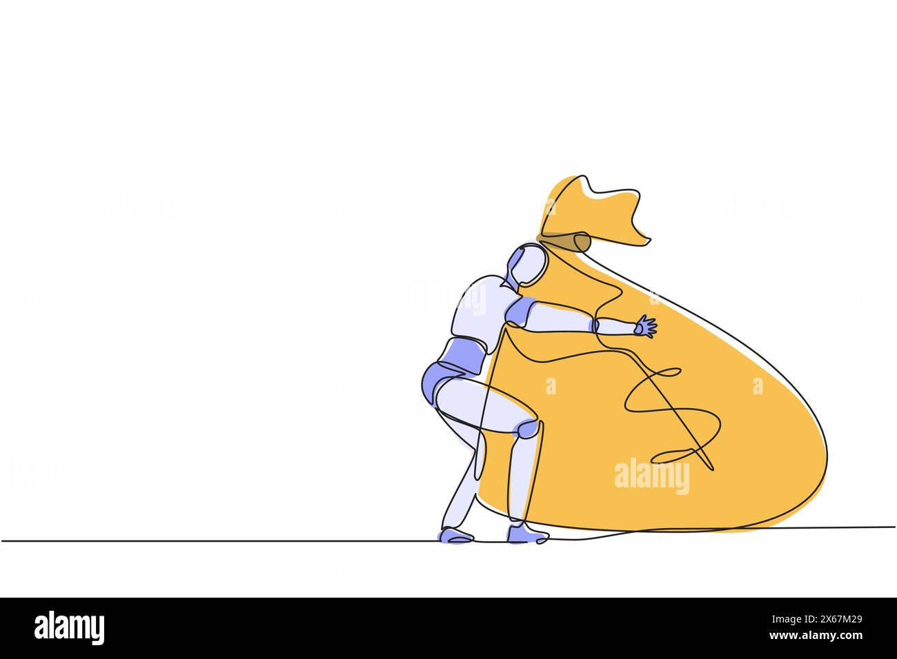 Continuous one line drawing robots hugging huge bag full cash of money ...