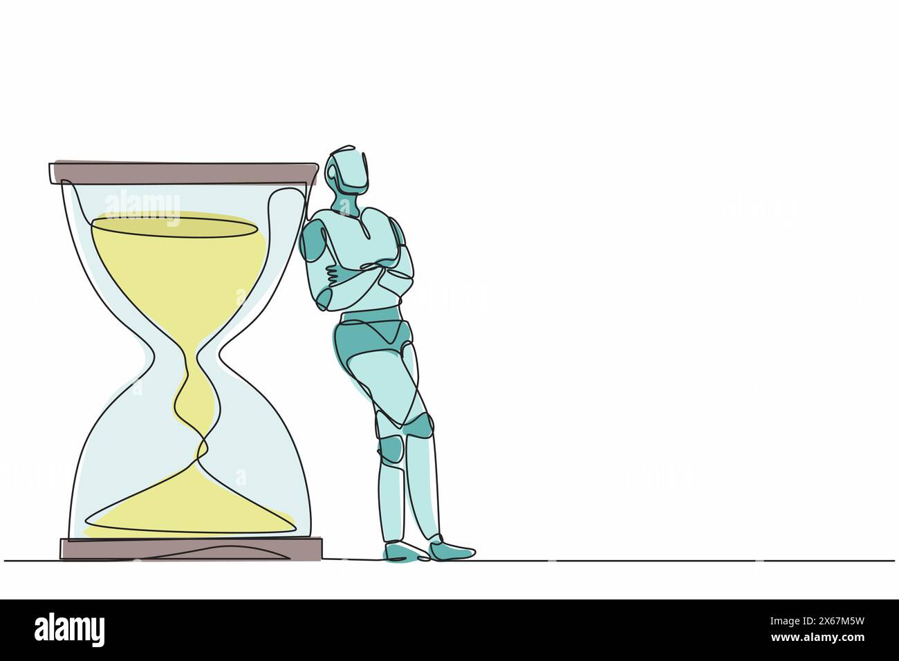 Single one line drawing robot lean on giant hourglass. Future ...