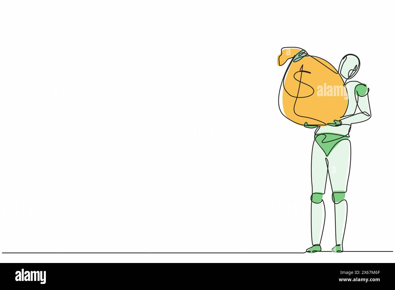 Single one line drawing robot carrying big heavy sack full cash money ...