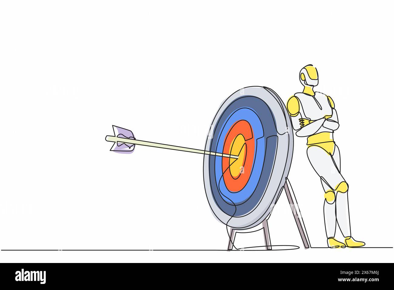 Single continuous line drawing robots lean on huge target with arrow on ... Single continuous line drawing robots lean on huge target with arrow on ...