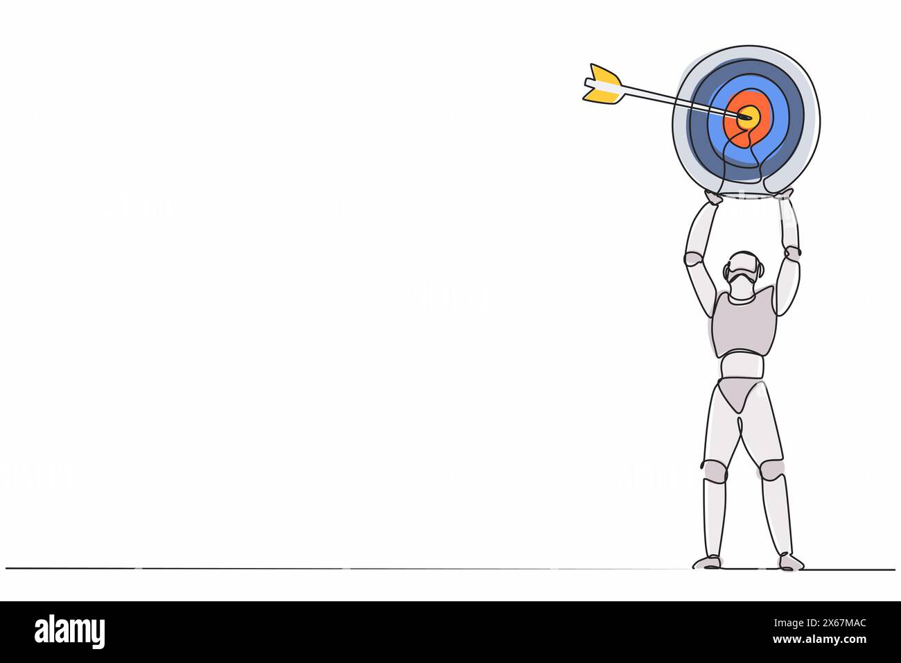 Single one line drawing robot lifting up big target with accurate arrow ...