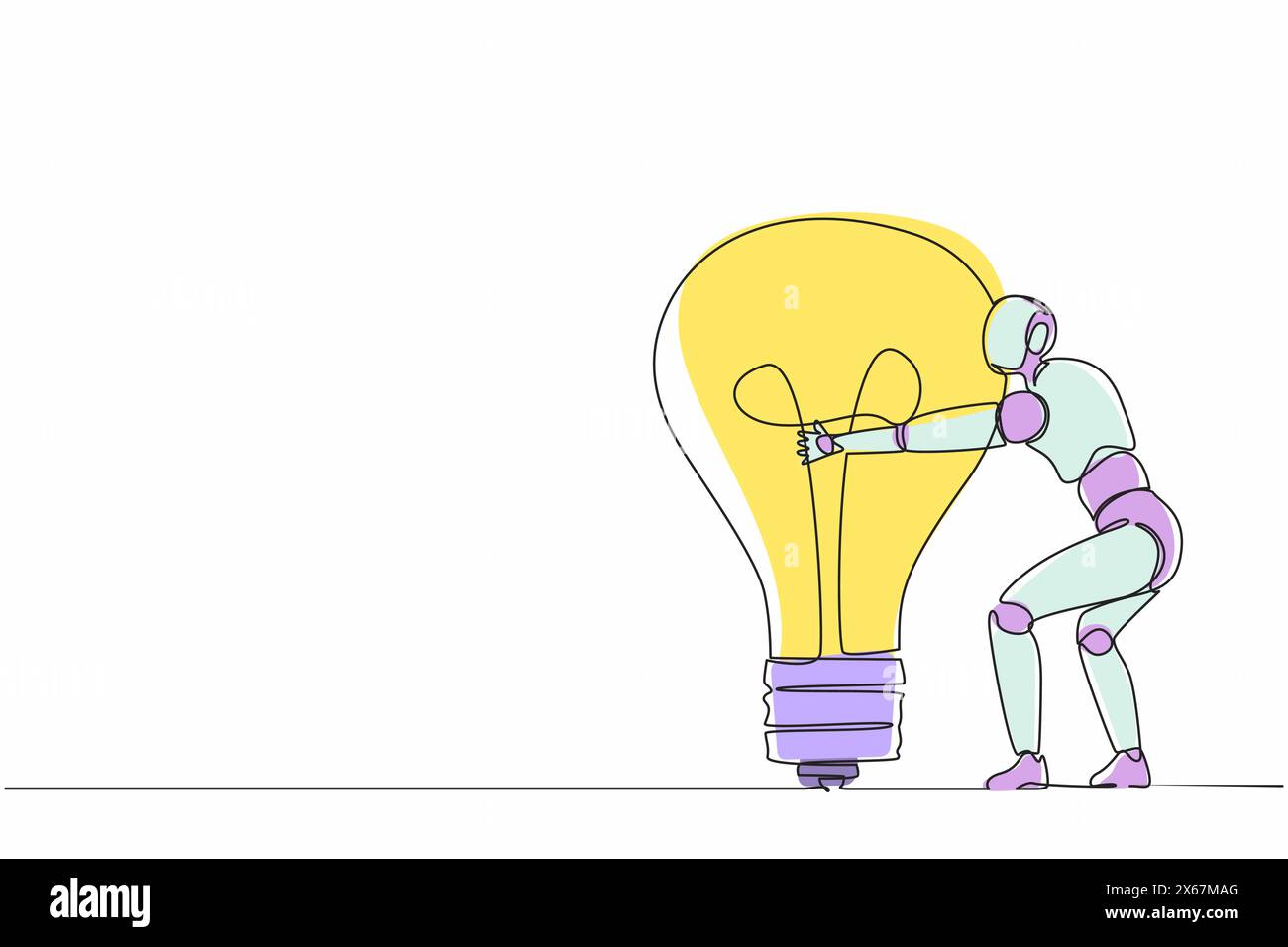 Single continuous line drawing robots hugging huge light bulb. Modern ...