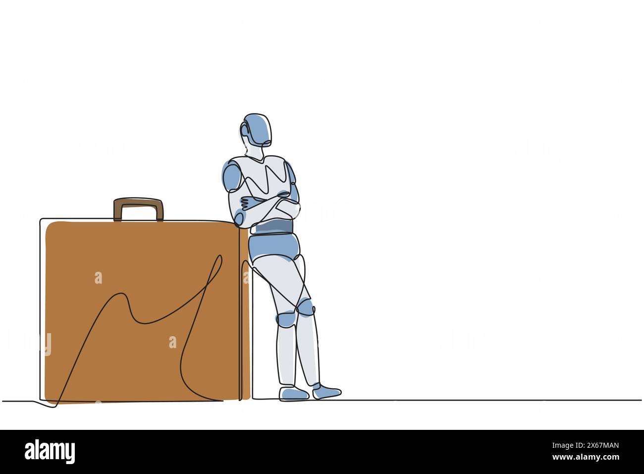 Continuous one line drawing robots lean on huge briefcase. Modern ...