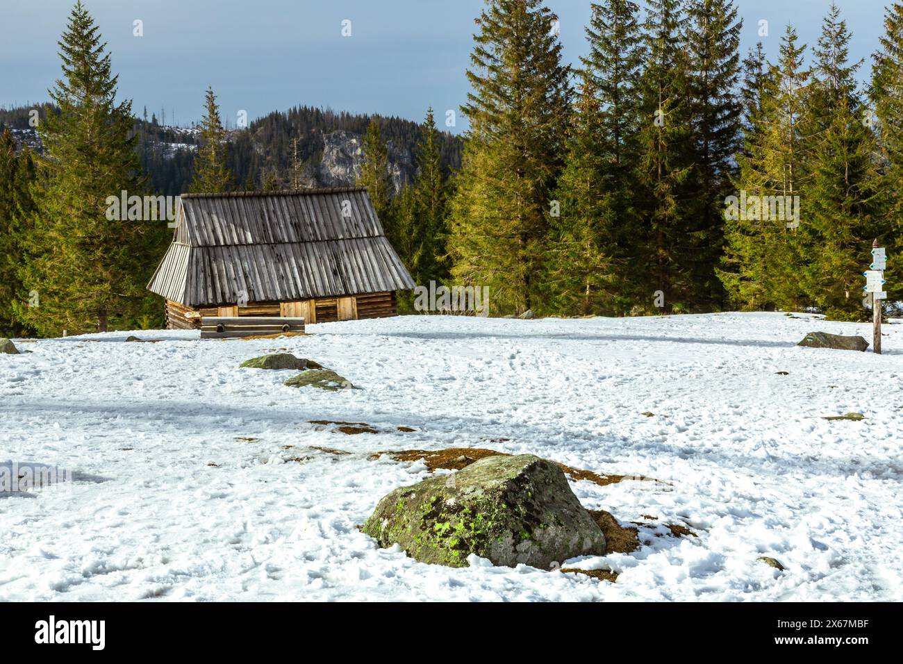 Typical traditional highlander cottage. Wooden shepherd's hut. Mountain ...