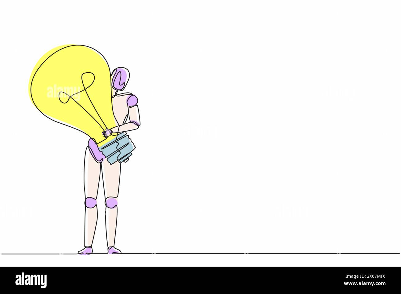 Single one line drawing robot carrying big heavy lightbulb. Future ...