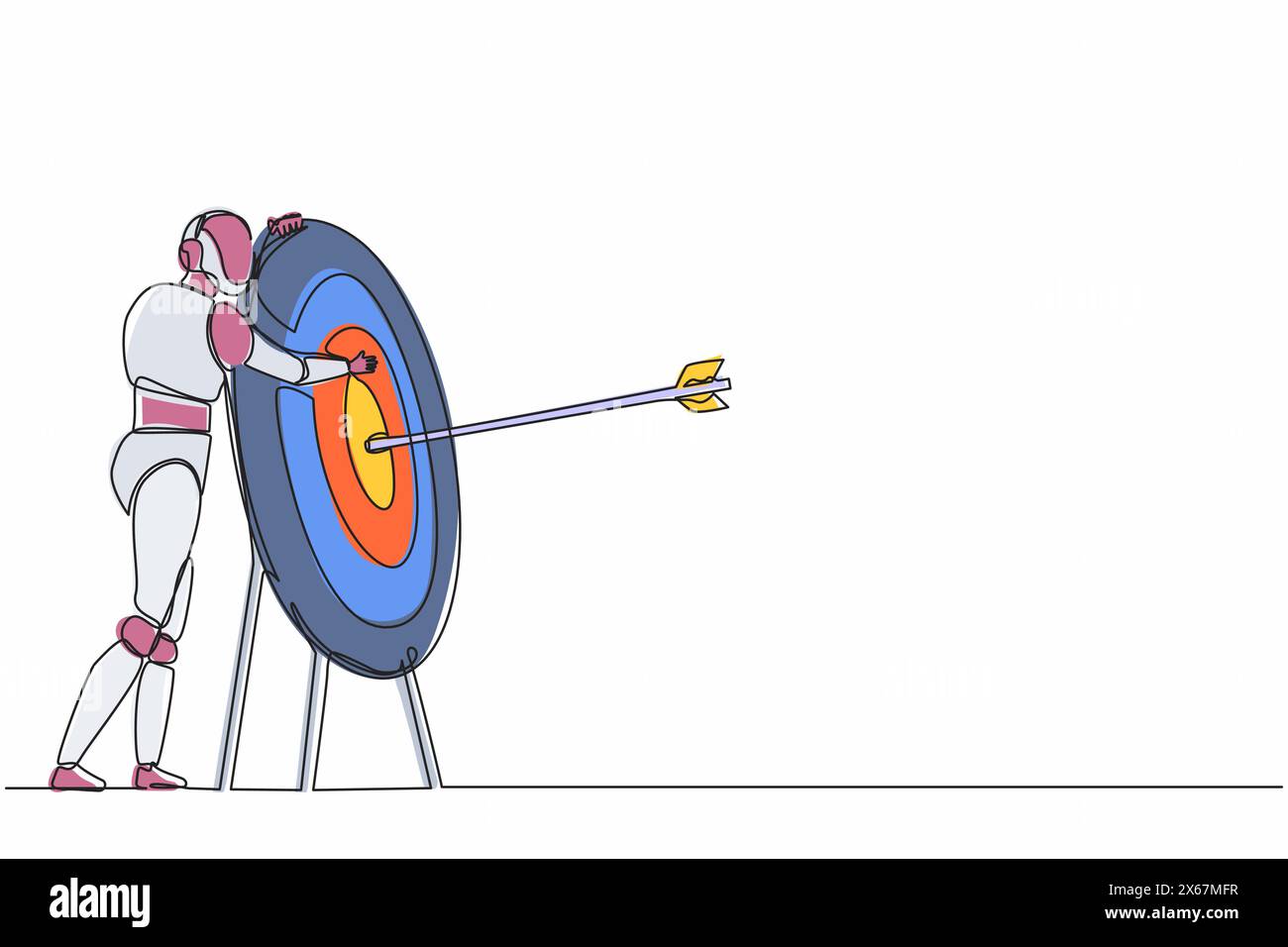 Single continuous line drawing robots hugging huge target with arrow on ...