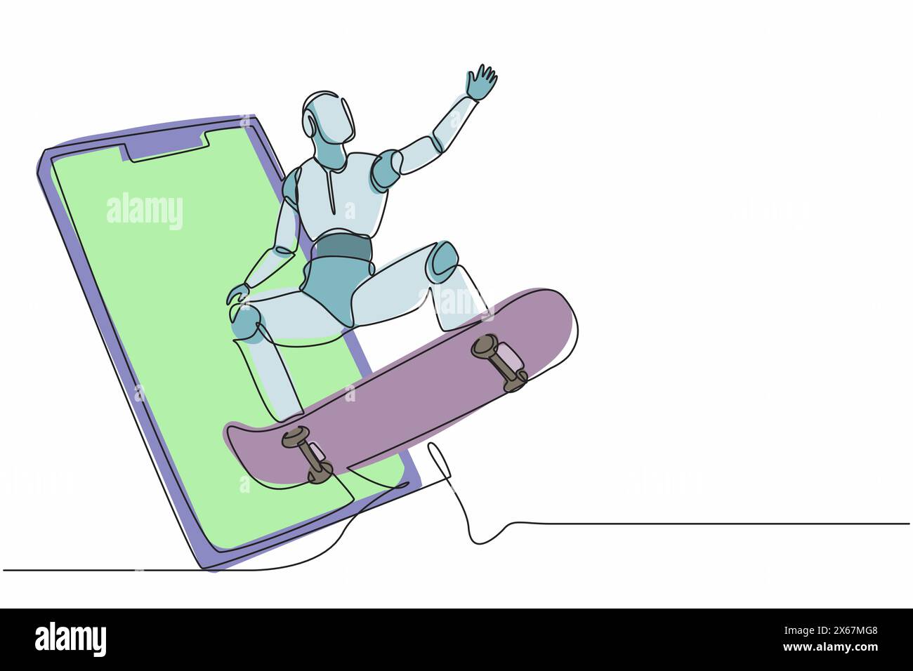 Continuous one line drawing robot come out from cellular phone and jump ...