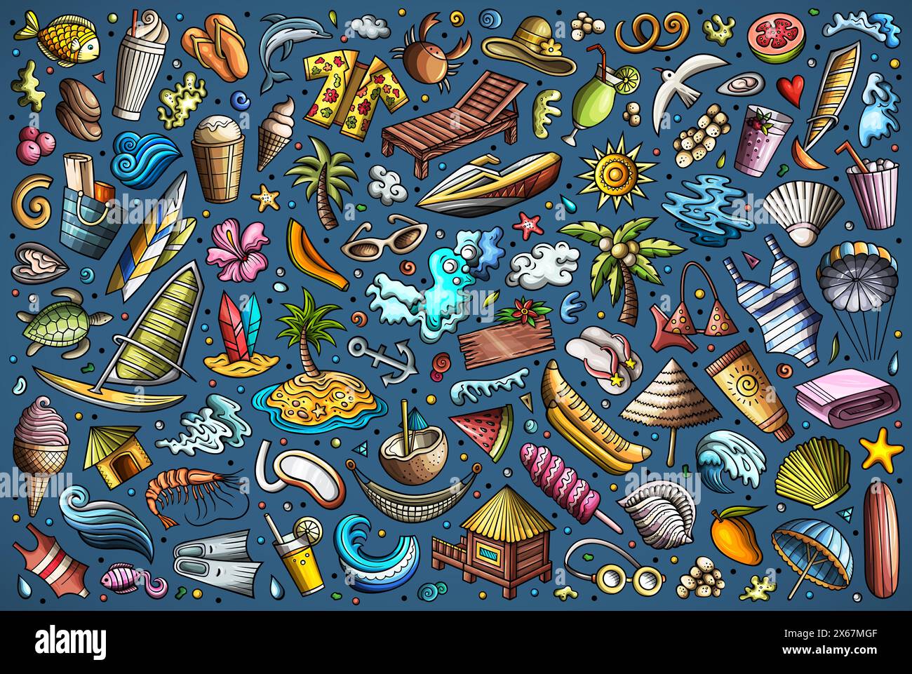 Vector doodle cartoon set of Summer beach theme objects and symbols ...