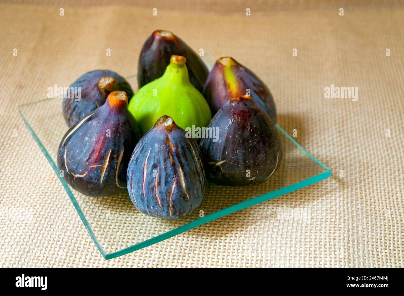 Green fig surrounded by six black figs Stock Photo - Alamy