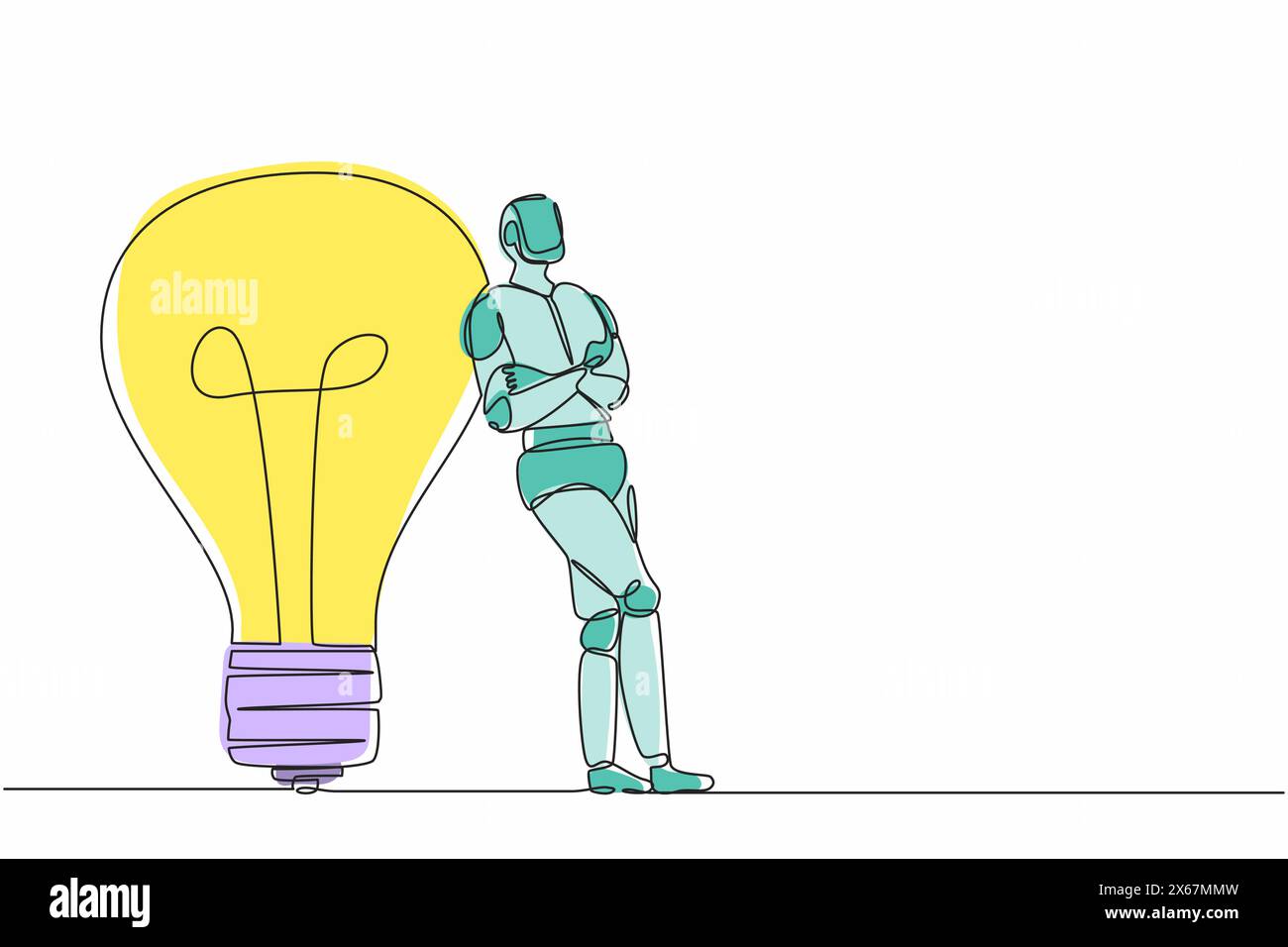 Single one line drawing robot lean on giant light bulb. Future ...