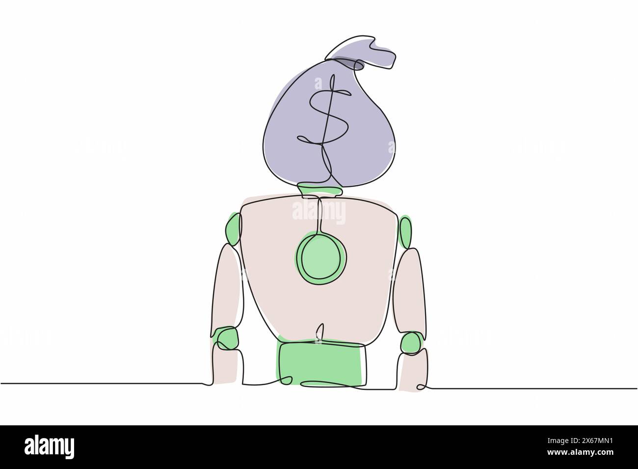 Single one line drawing robot with money bag instead of head. Future ...