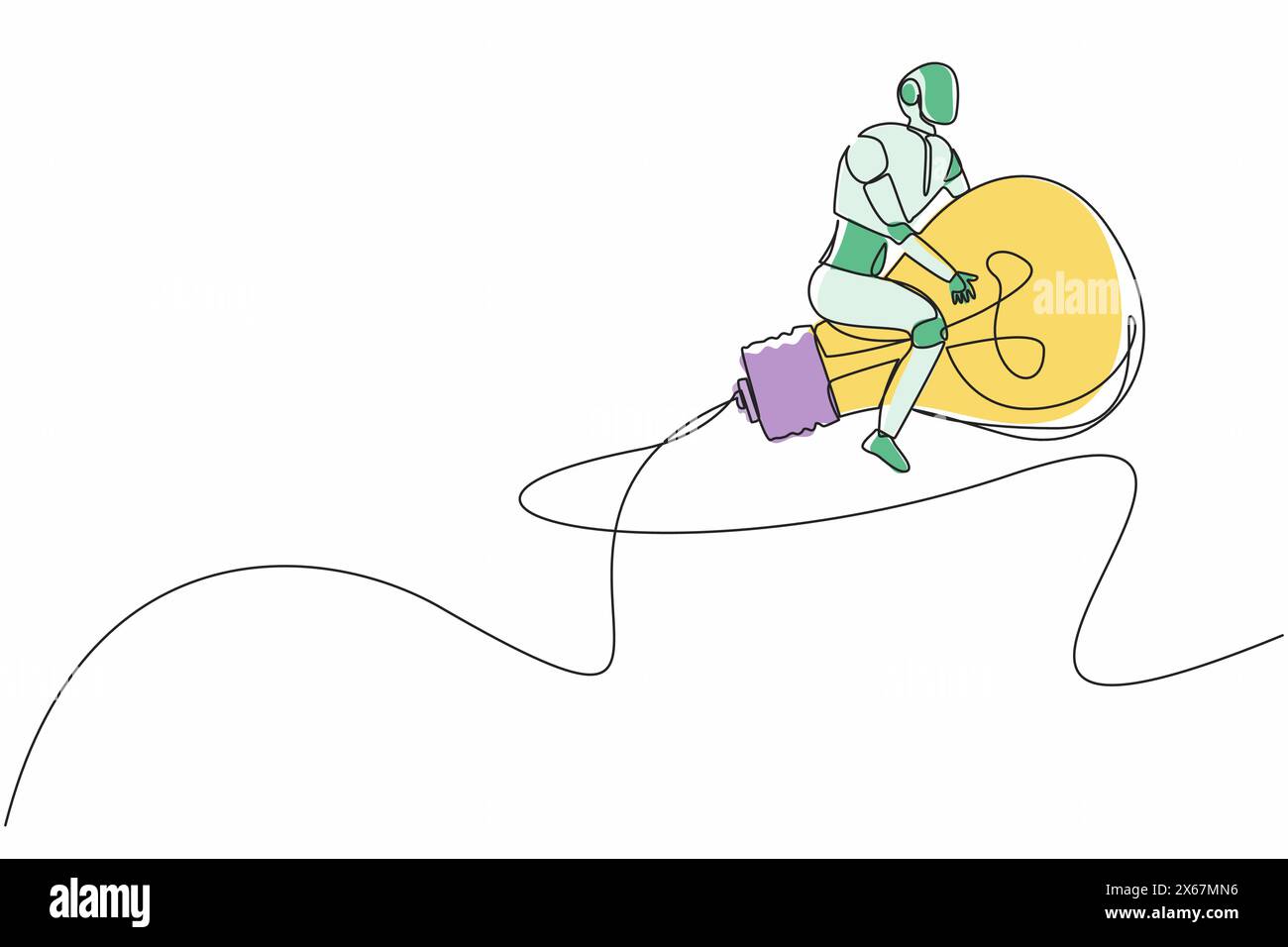 Continuous one line drawing robots riding light bulb rockets. Modern ... Continuous one line drawing robots riding light bulb rockets. Modern ...