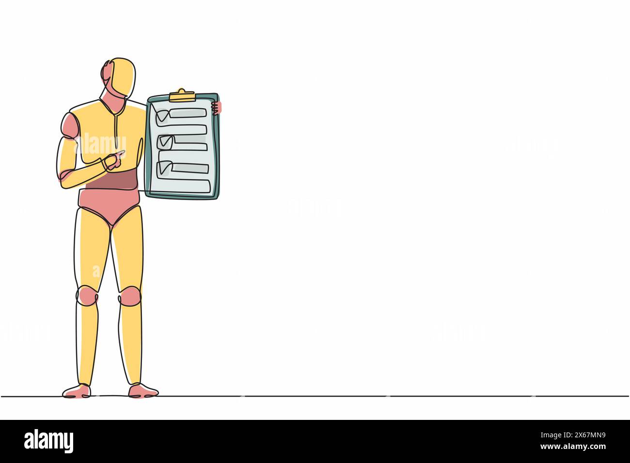 Single continuous line drawing robots standing and pointing clipboard ... Single continuous line drawing robots standing and pointing clipboard ...