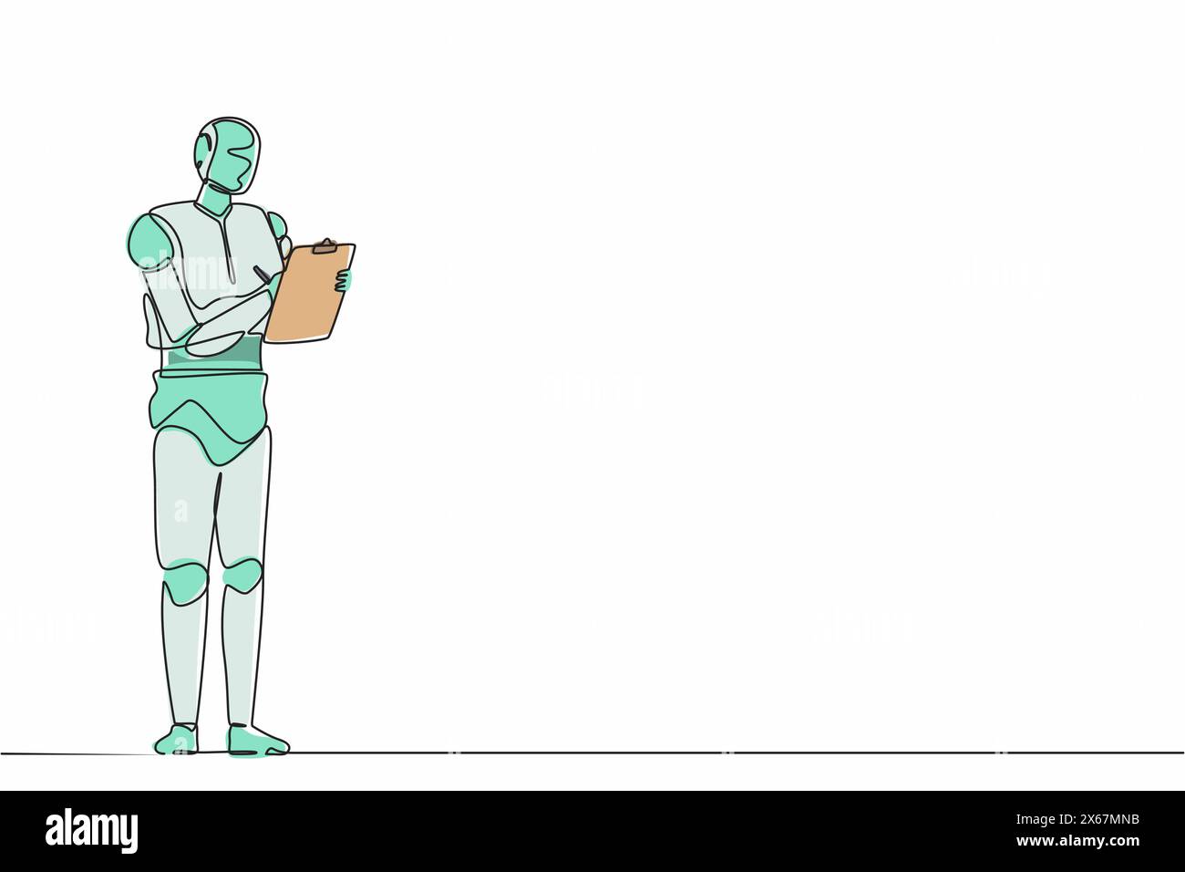 Single one line drawing robot standing and writing on clipboard. Future technology development ...