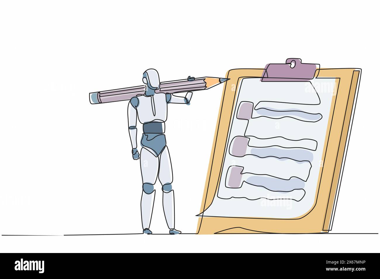 Single continuous line drawing robot carrying big pencil and looking ...