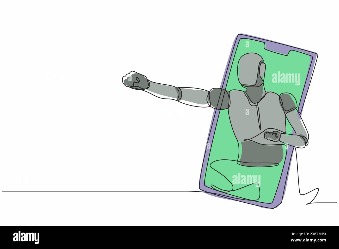 Single one line drawing robot come out from cellular phone with fist ...