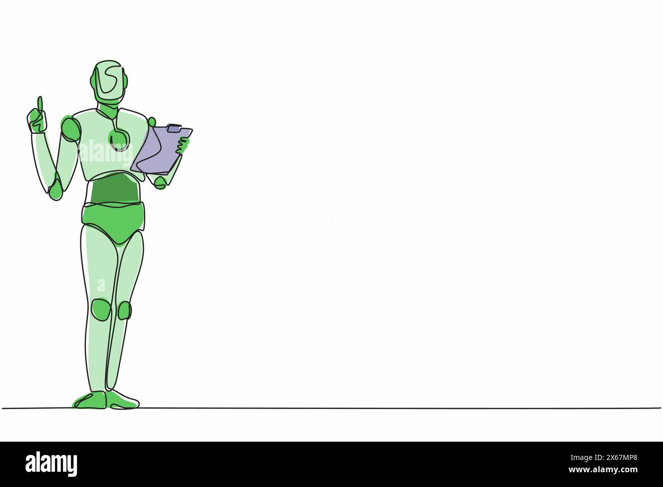 Continuous one line drawing robots holding clipboard and pointing index ...