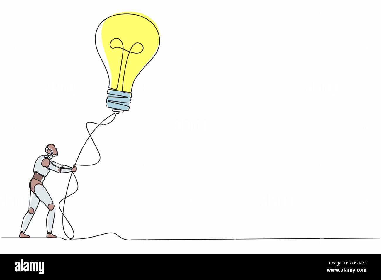 Single continuous line drawing robot holding flying lightbulb balloon ... Single continuous line drawing robot holding flying lightbulb balloon ...