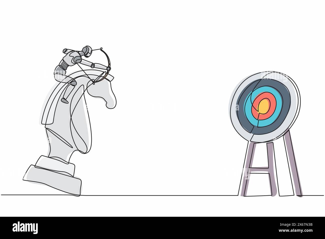 Single one line drawing robot holding archery aiming target while ...