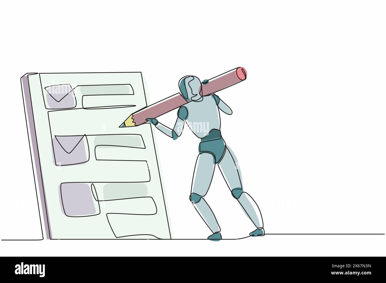 Continuous one line drawing robots standing and mark checklist with big pencil. Humanoid robot ...